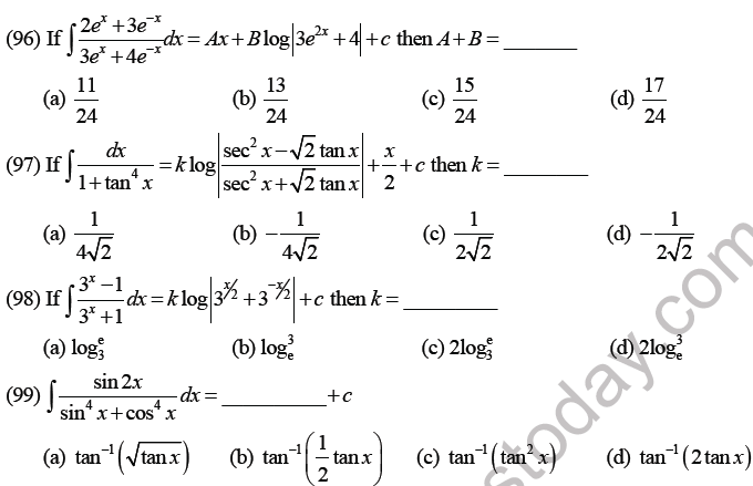 JEE Mathematics Indefinite Integrals MCQs Set C with Answers